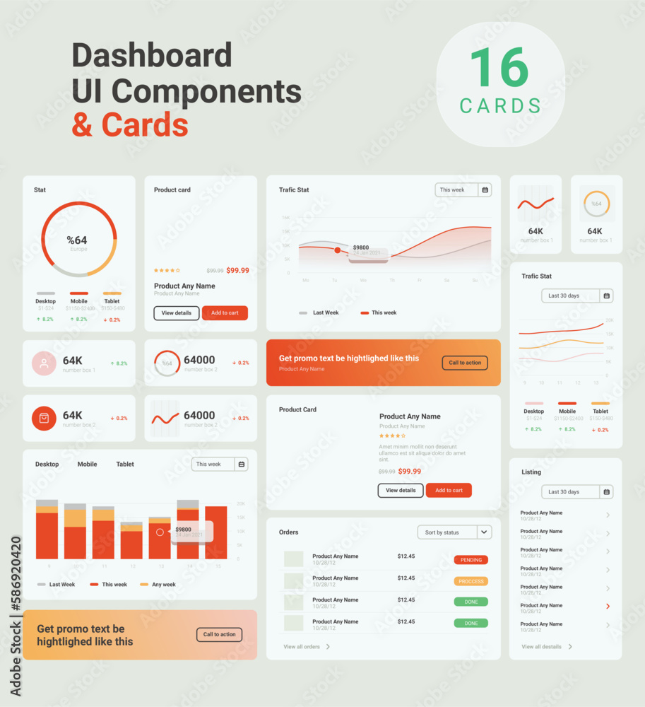 Dashboard UI KIT components and cards in vector format Stock Vector ...