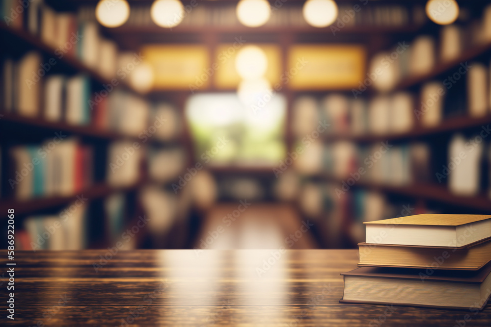 Wooden tree with books on blur background of library with bookshelf ...