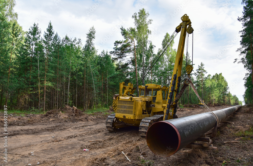 Natural Gas Pipeline Construction. Crude oil transmission in pipe from ...