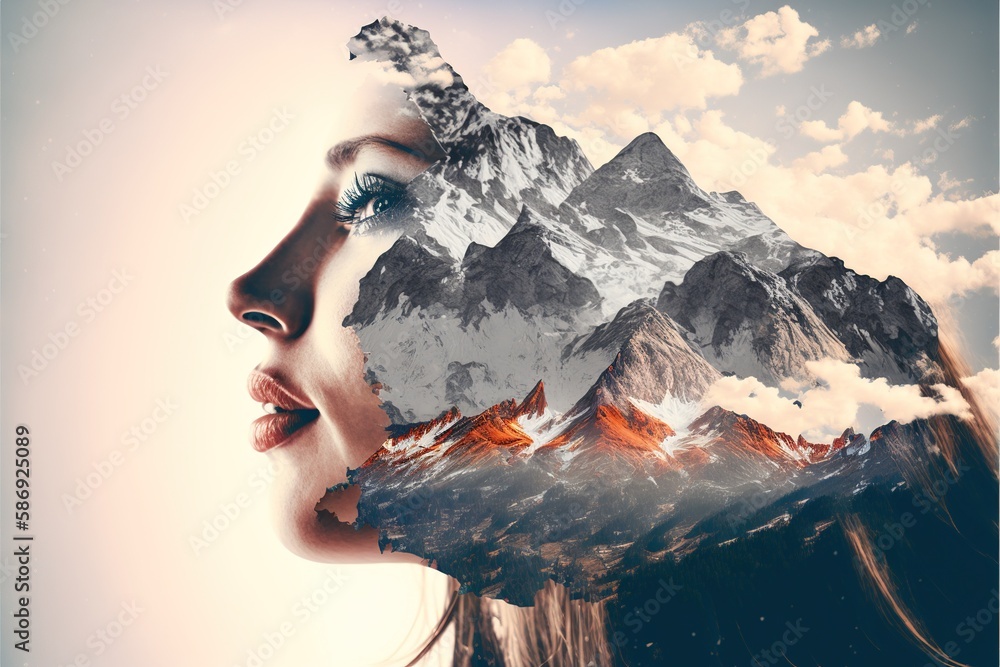 Double exposure woman portrait with cloudscape and mountain range ...