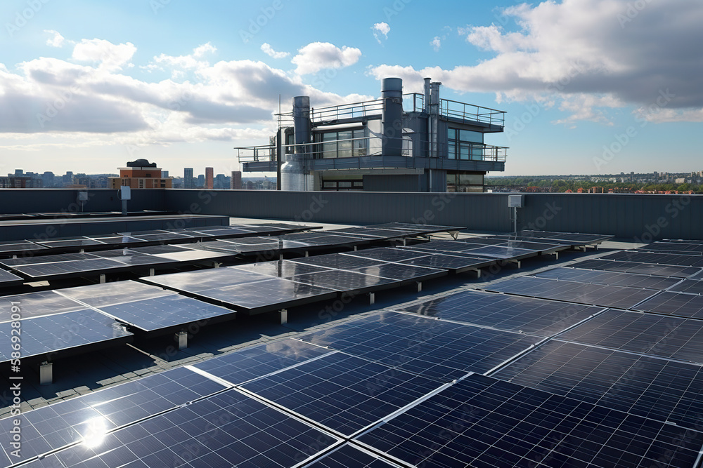 Roofs covered with modern solar panels. Power plant using renewable ...