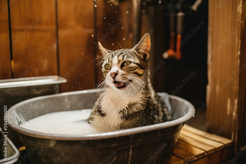 Beautiful cat washing and licking itself in a rustic room while ...