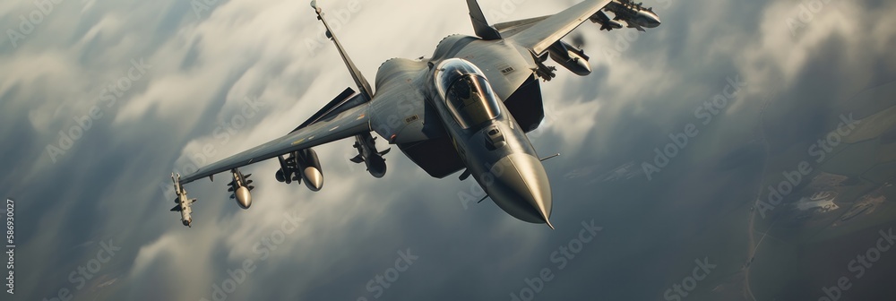 Aerial view of military fighter jet crossing the sky. Aviation air ...