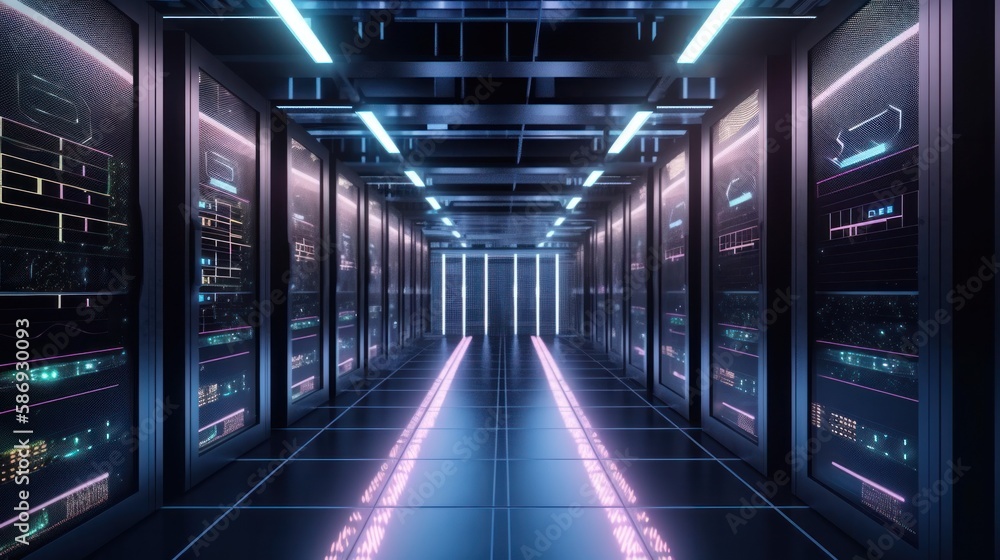 Big cloud data center computer networking server room with racks of ...