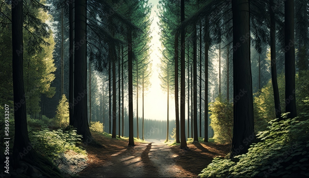 Stylized forest with long pine trees. Panoramic view of Pine tree ...