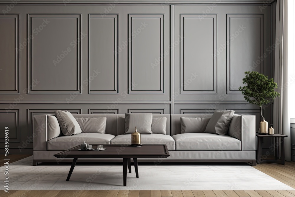 Grey sofa in a classic modern room with wall panels and a wooden floor ...