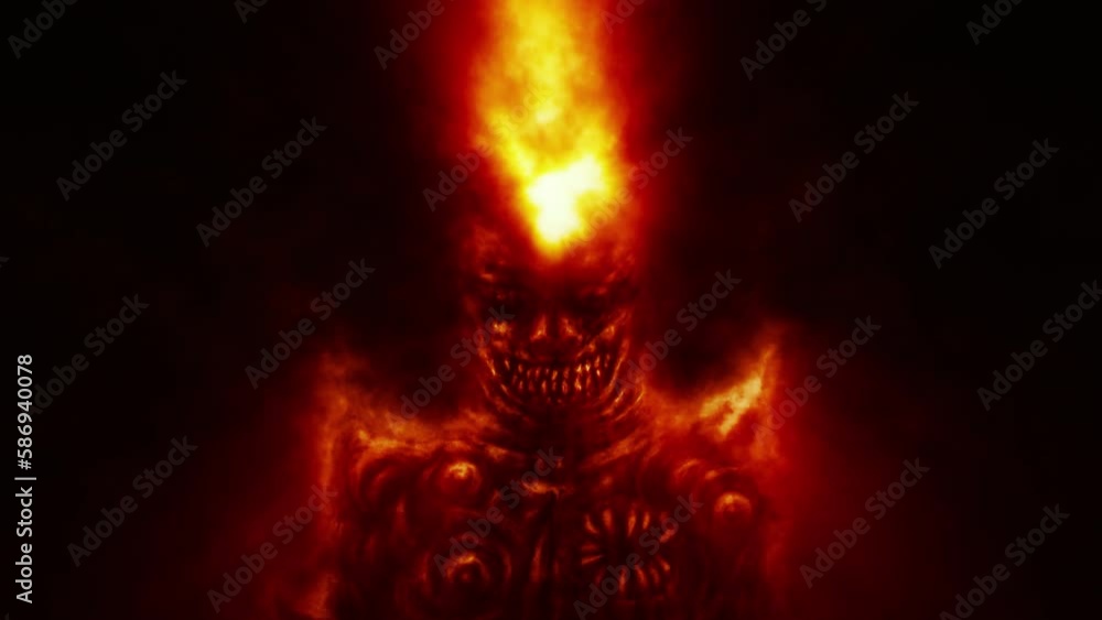 Creepy smiling demon with burning head. Scary devil emerge from fog and ...