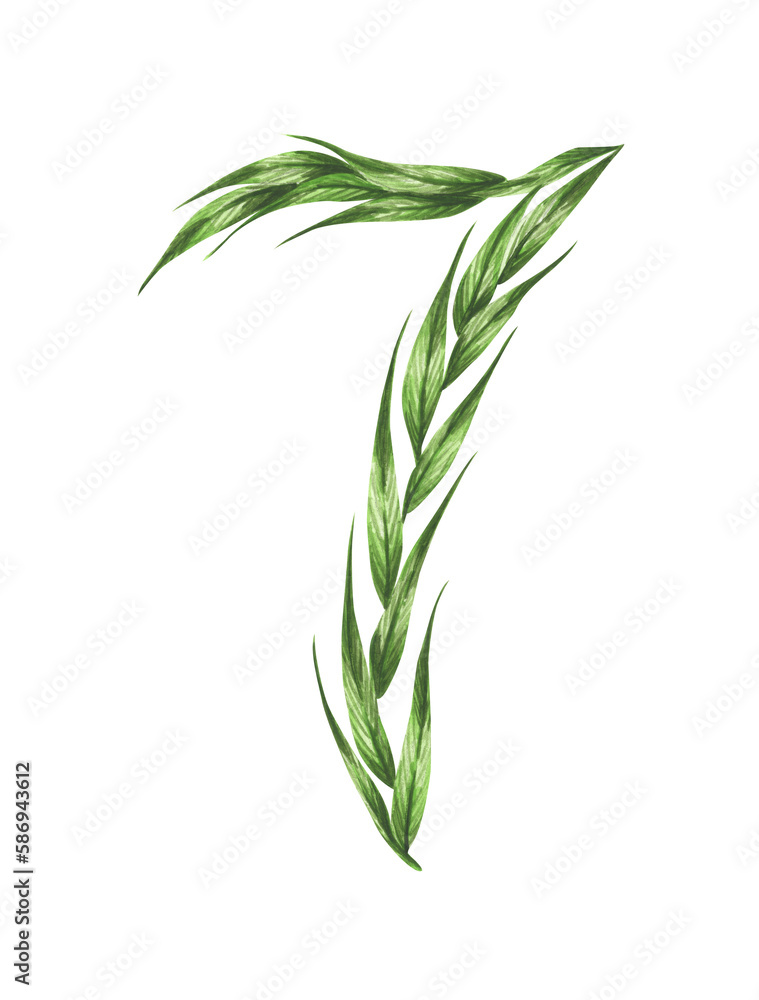 Number 7, alphabet of green leaves, Numbers from leaves. Symbol 7 with ...