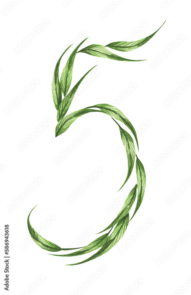 Number 5, alphabet of green leaves, Numbers from leaves. Symbol 5 with ...