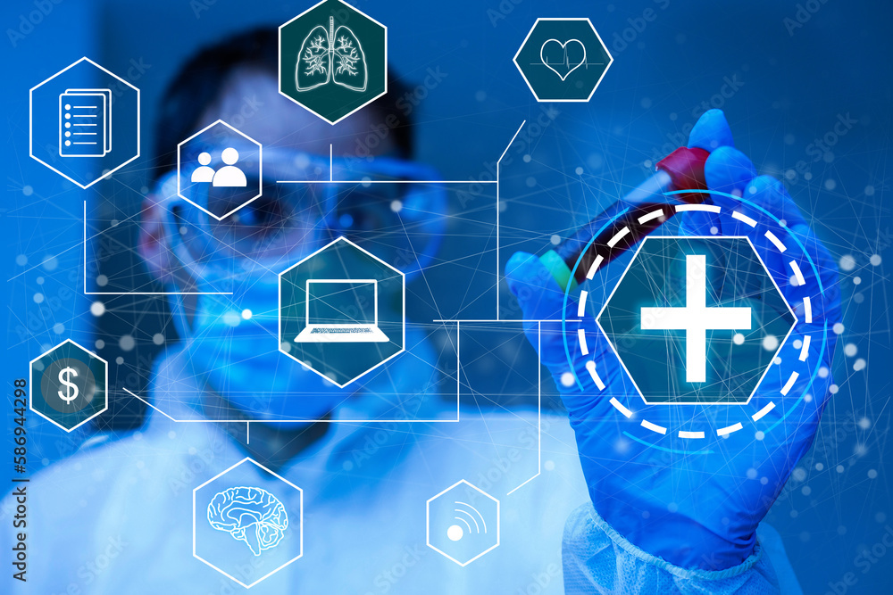 Medicine doctor touching icon medical network connection with modern ...