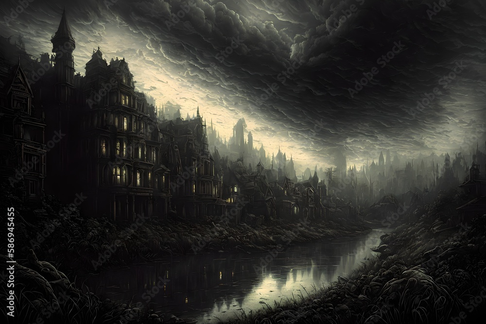 Dark green gloomy spooky haunted village with a river in the mid ...