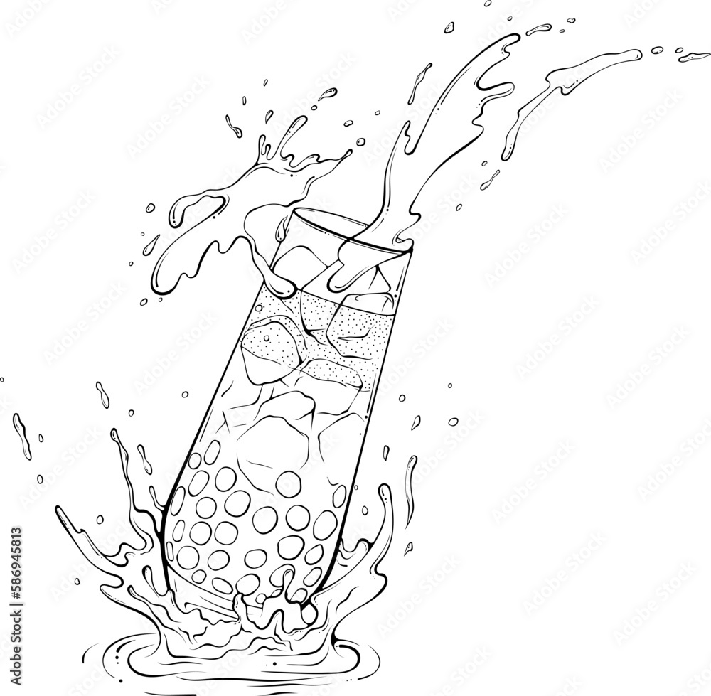 Boba tea in a glass and water or juice splash. Taiwanese bubble milk ...