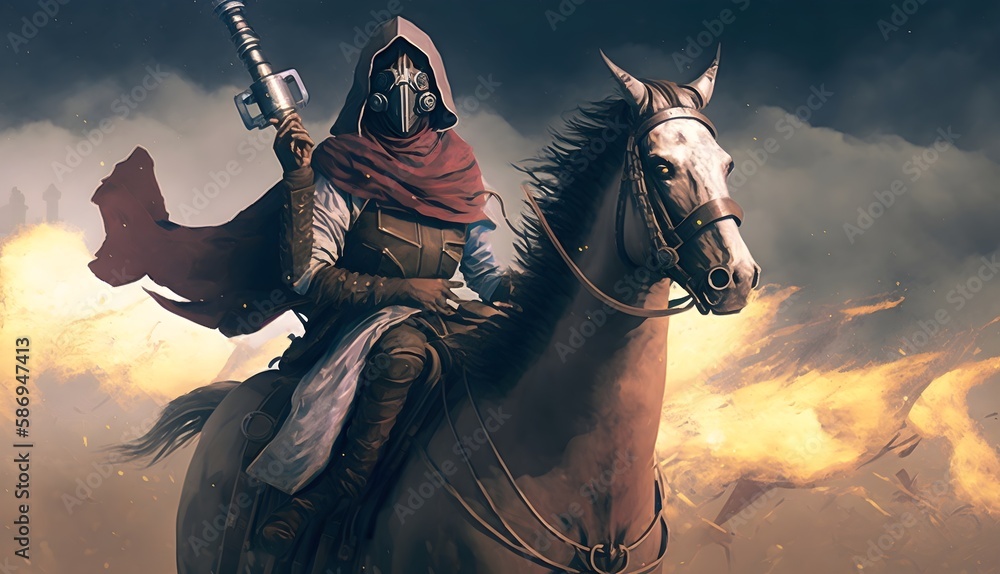 apocalypse warrior in a cloak with gas mask holding a gun sitting on ...