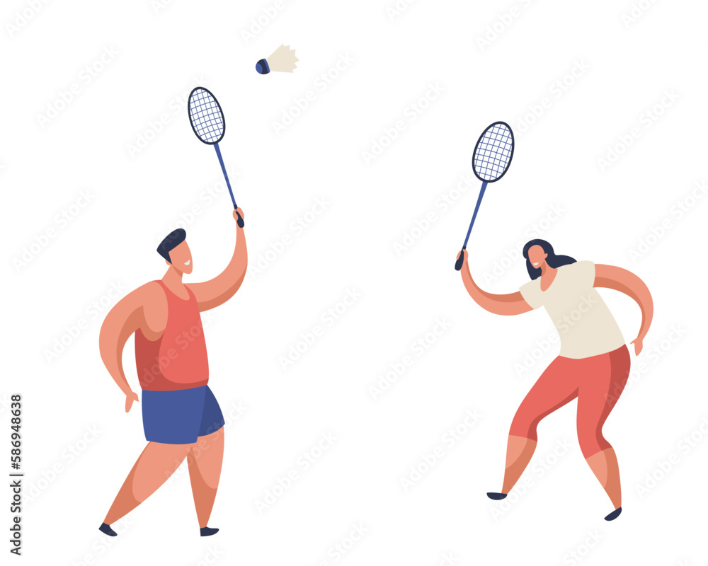 Cartoon characters playing badminton. Vector clipart of man and woman ...