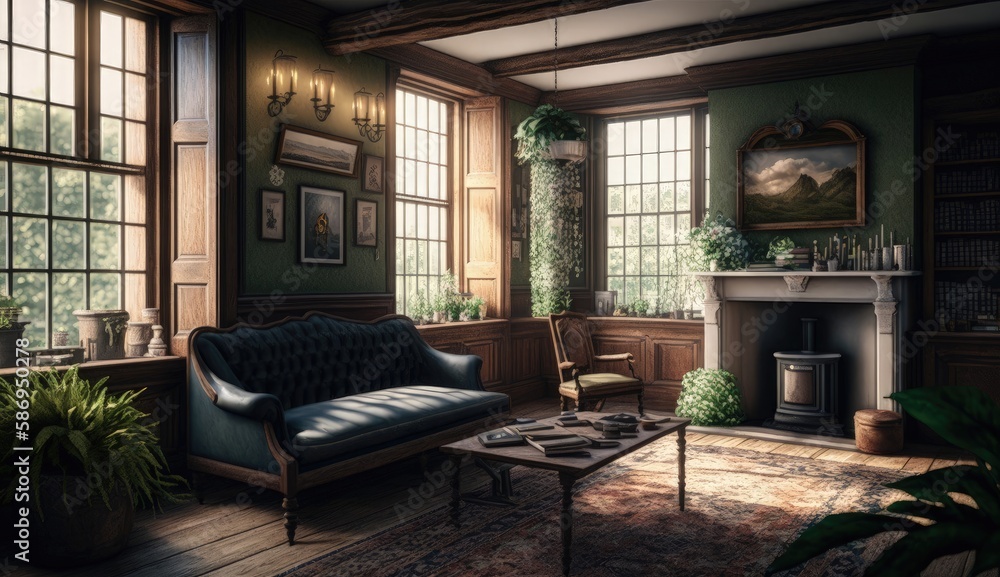 English country entrance room interior showcases an elegant chandelier ...