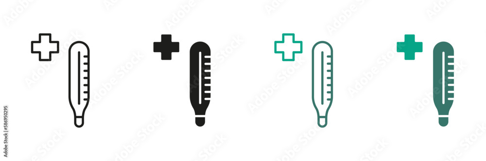 Health Care Instrument Black and Color Symbol Collection. Thermometer ...