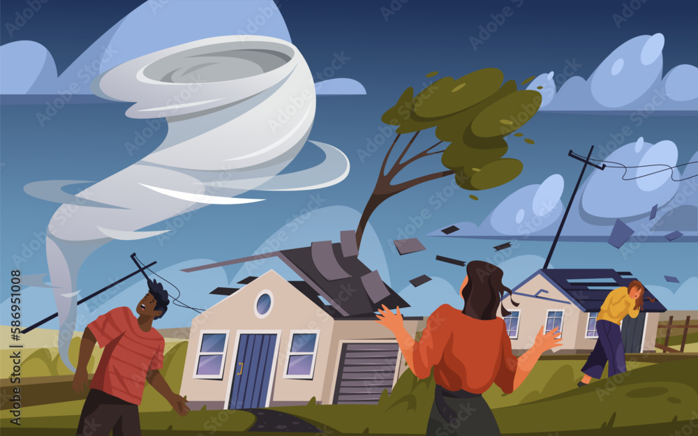 Tornado or whirlwind, vector illustration. Landscape of natural ...