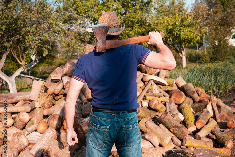 Woodcutter or lumberjack with the axe with wooden handle. The hatchet ...