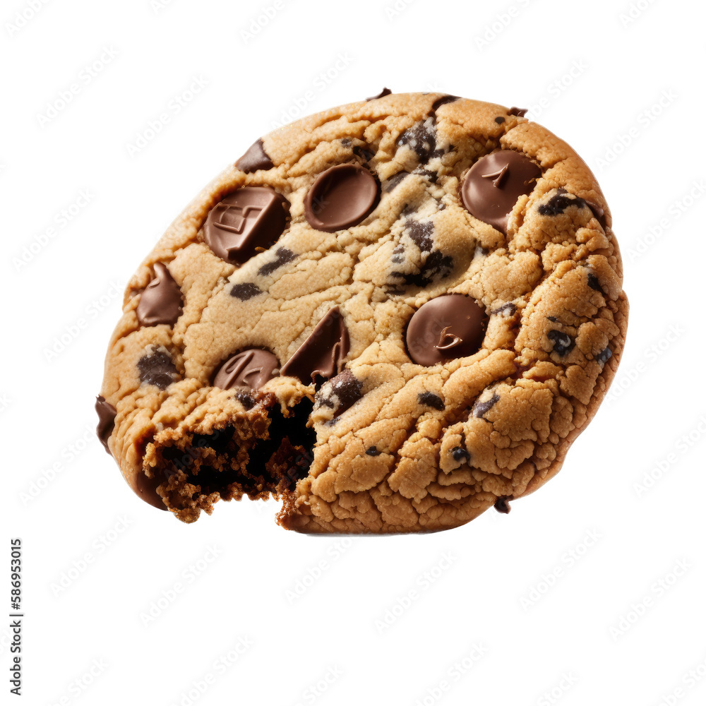 a single chocolate chip cookie with a single bite taken out of it, png ...