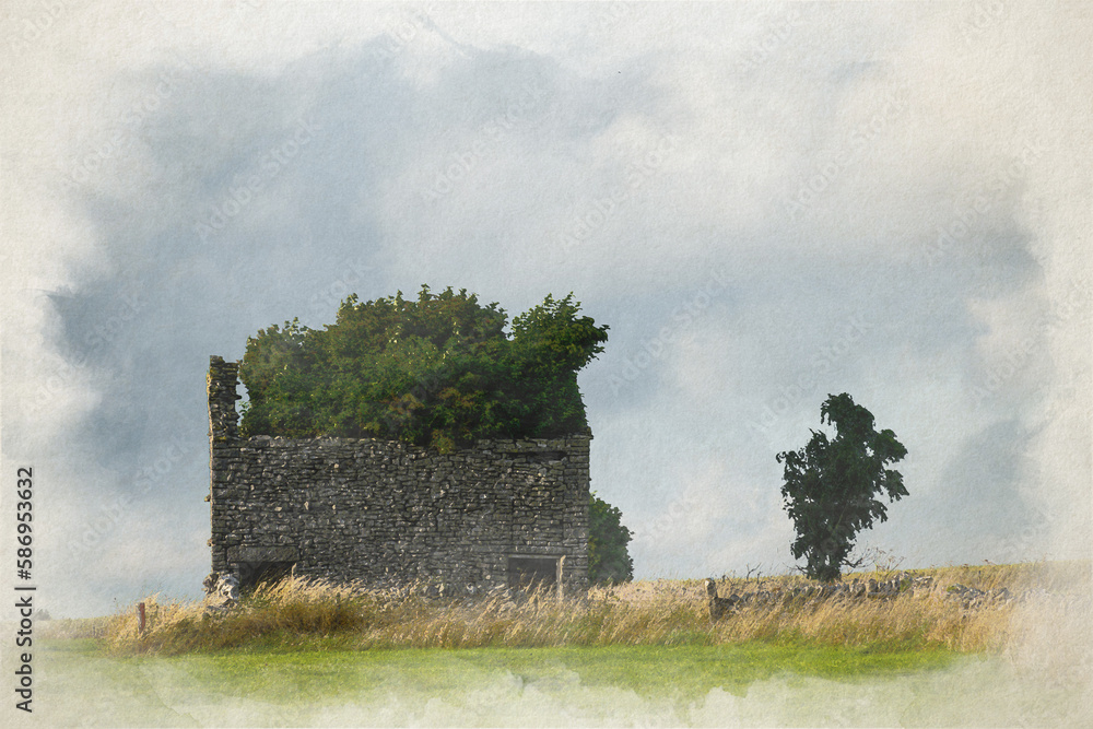 Digital watercolour painting of an abandoned overgrown ruined building ...