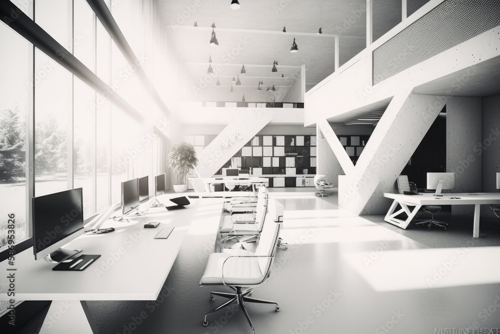 Ilustrace „A sleek and modern white and open space office with a ...