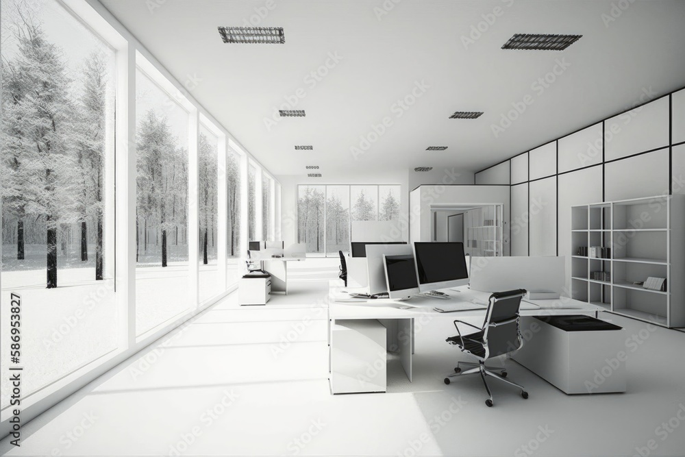 A sleek and modern white and open space office with a spacious and tidy ...