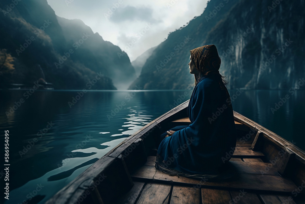 muslim woman alone on boat with nice view, generative ai Stock ...