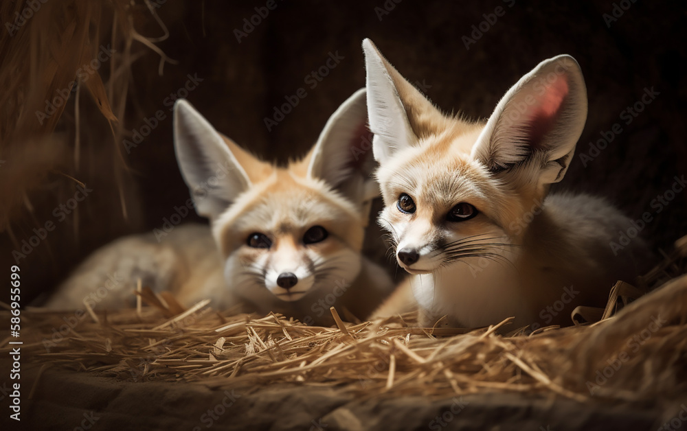 Two fennec foxes nestle together in their straw bed, their large ears ...
