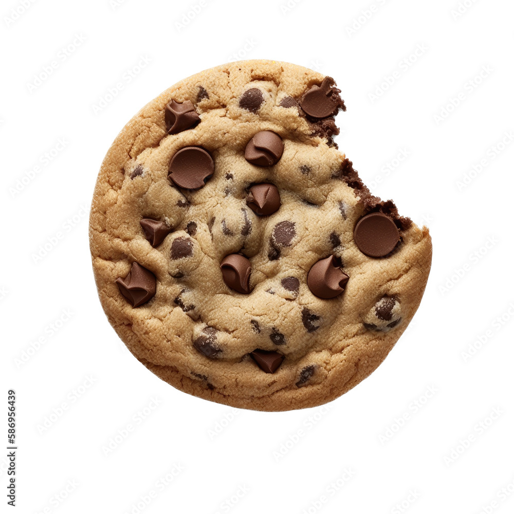 a single chocolate chip cookie with a single bite taken out of it, png, transparent background ...