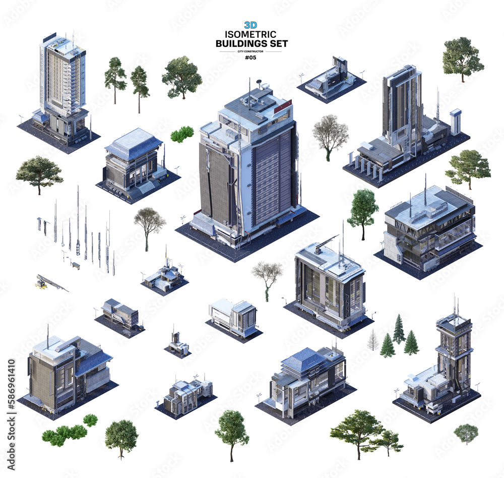 Isometric city constructor. Realistic urban 3D skyscrapers, business ...