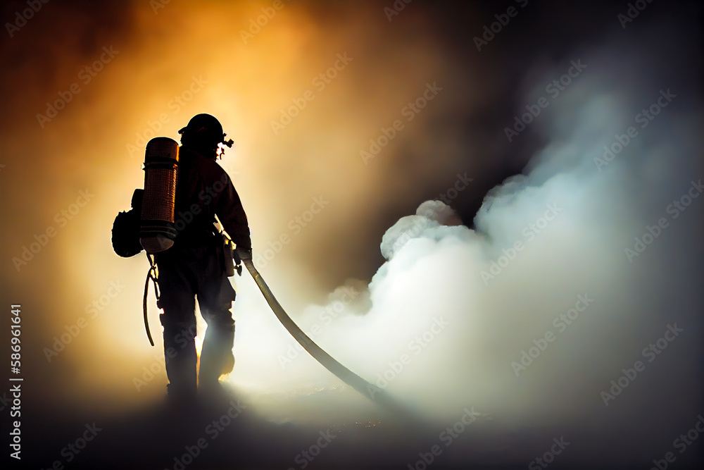 Generative AI illustration of firefighter with fire extinguisher ...