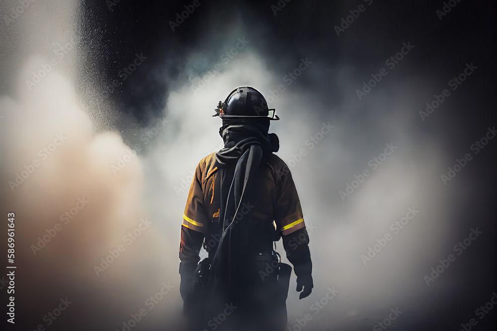 Generative AI illustration of firefighter standing among heavy smoke ...