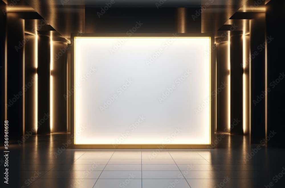 Blank white illuminated screen with space for logo or text on dark ...