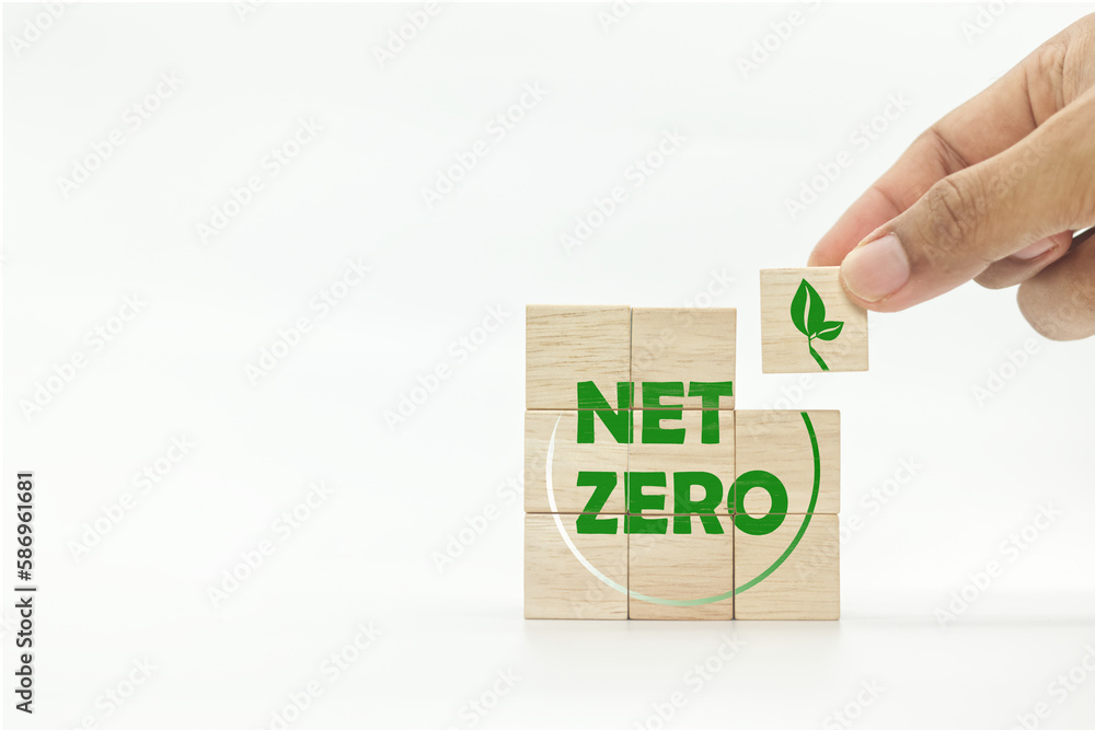 Net zero text on wooden cubes with white background. Net zero ...