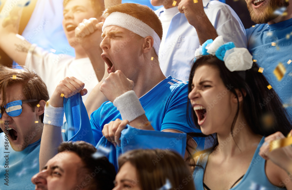 Happy and excited people, sport fans emotionally cheering up favourite ...