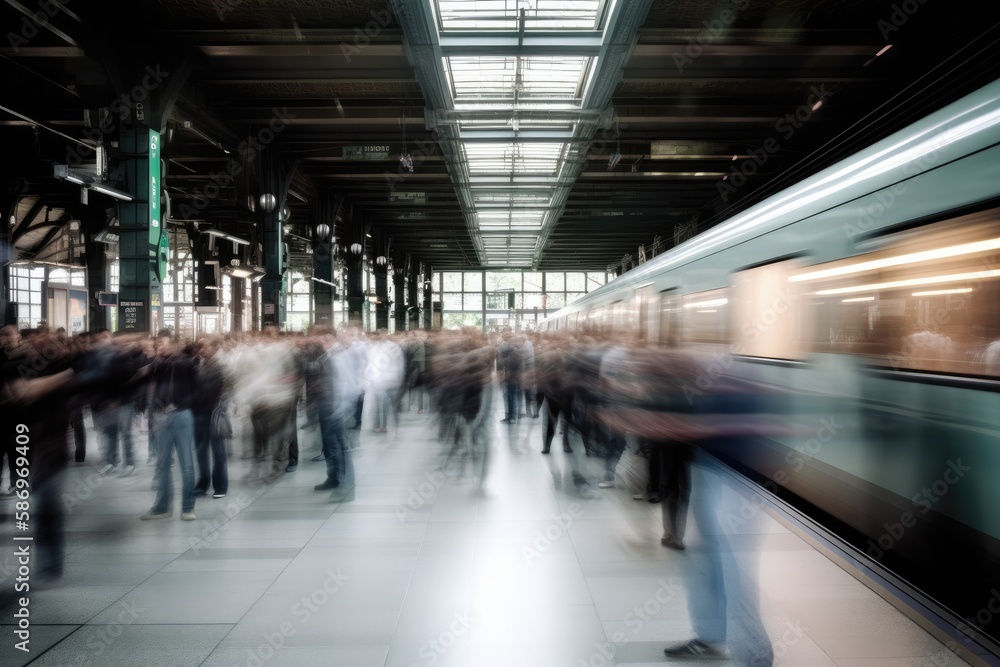 Crowd of all kind of people walking in train station fast moving with ...