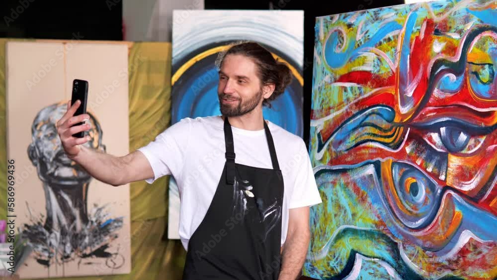 Talented painter is having a video call interview with a potential ...