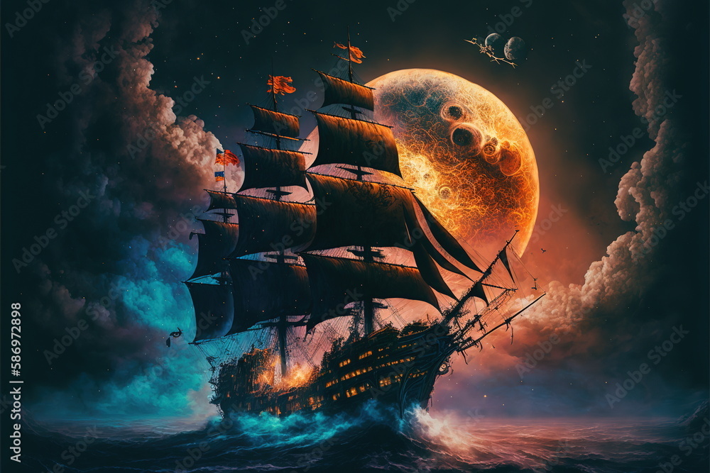Wondrous illustration work of enchanted sailing ship travel through ...