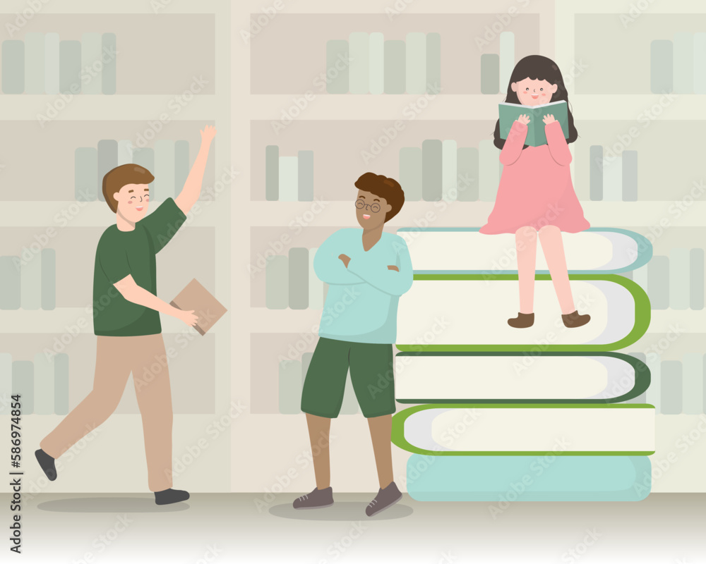 Back To School Book Store Library Themed Concept Cartoon Vector Illustration Three Students 