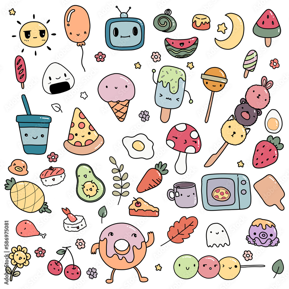 Food icon cartoon doodles set, illustration of food, cute food kawaii ...