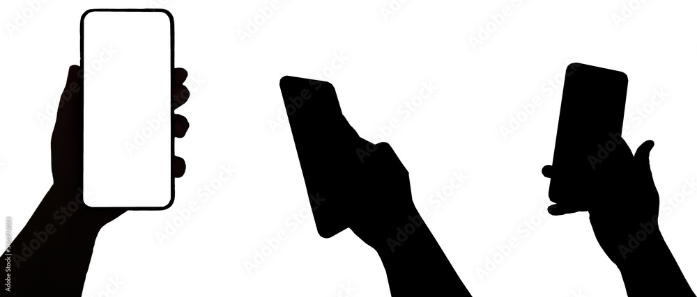 holding smartphone with hand black silhouette, phone screen with 3 ...