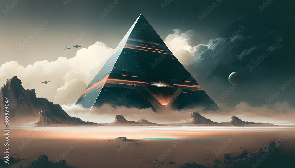 sci-fi scene of futuristic black pyramid floating over earth surface ...