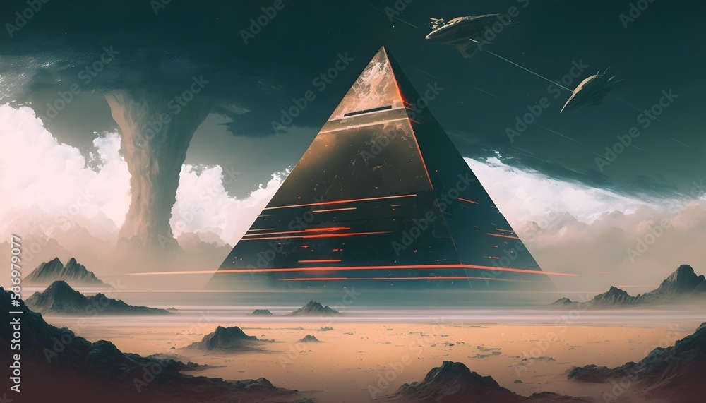 sci-fi scene of futuristic black pyramid floating over earth surface ...