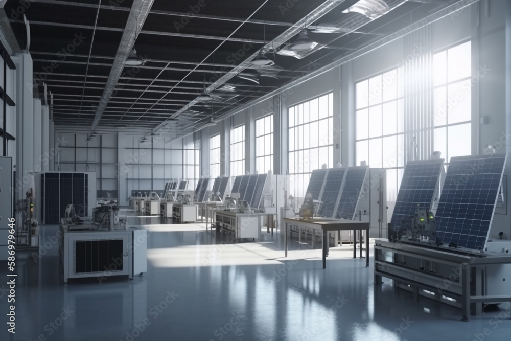 The industrial assembly line in the solar panel factory efficiently ...