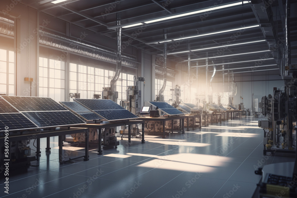 The industrial assembly line in the solar panel factory efficiently ...