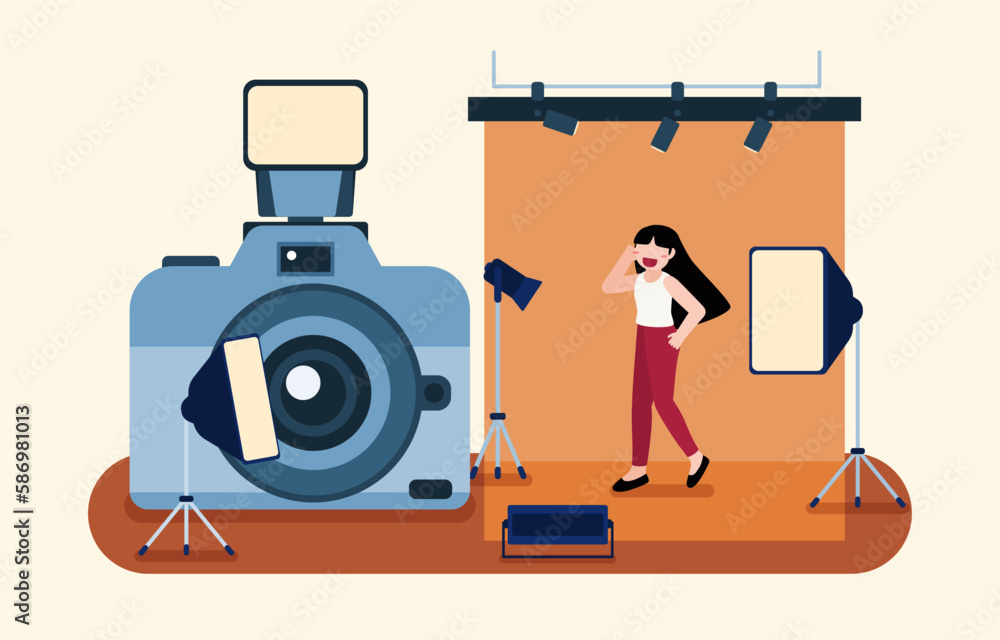 Female Model stand posing in studio, camera and lighting equipment in ...