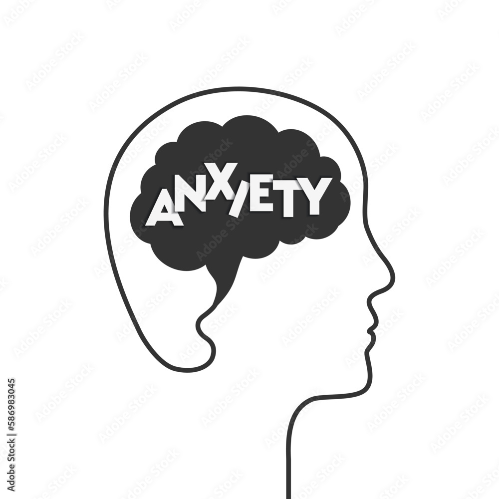 Anxiety concept with head, brain and letters. Being in an anxious ...