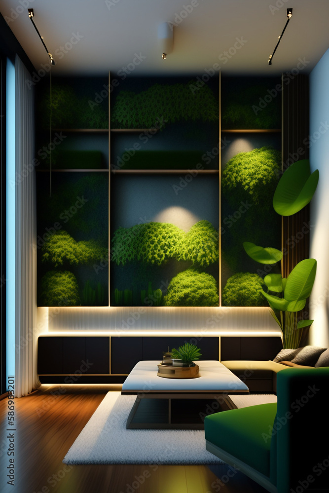 Interior of a modern living room with lots of green plants. Biophilic ...