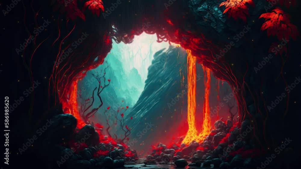 Cave with lava and trees, concept art. Calm and atmospheric background ...
