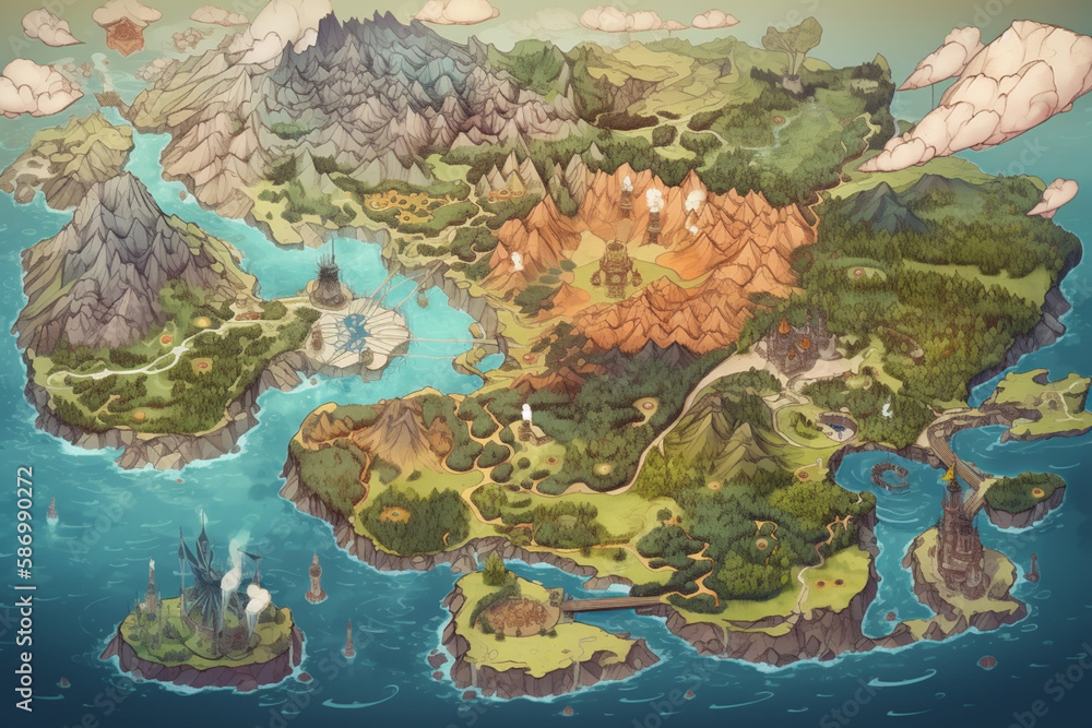 Fantasy World Map with Unique Ecosystems: 3D Illustration, Ai ...